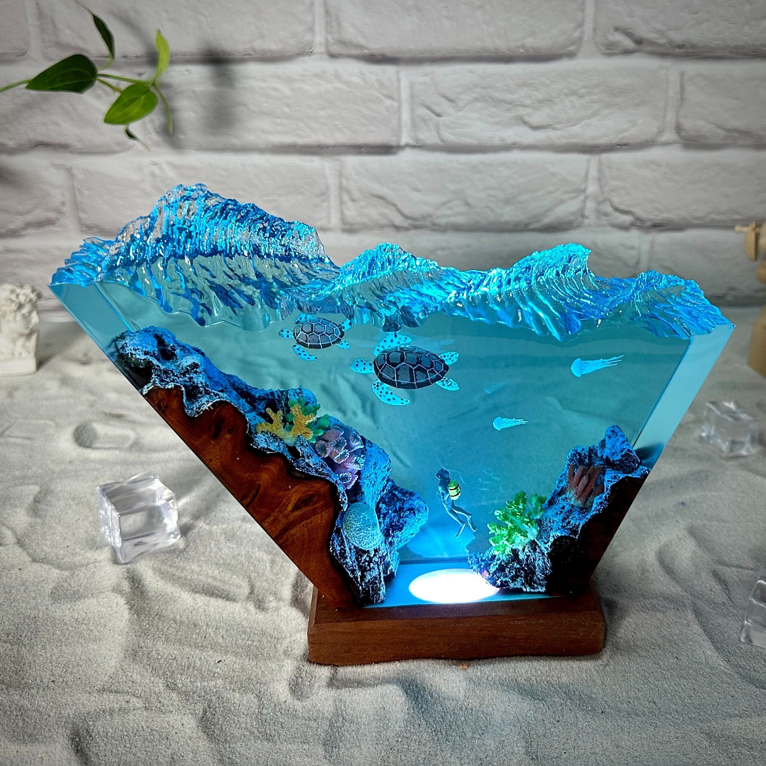 Ocean resin lamps High waves diver and 2 turtles – Handmade Gift Shop